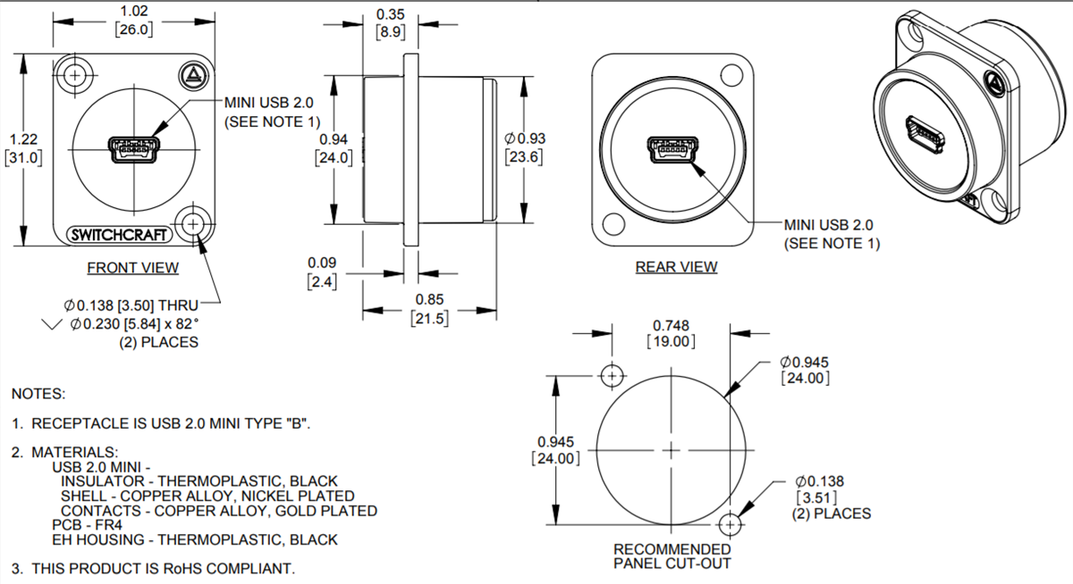 EH Mini-USB Feedthru Connectors - Switchcraft | Mouser